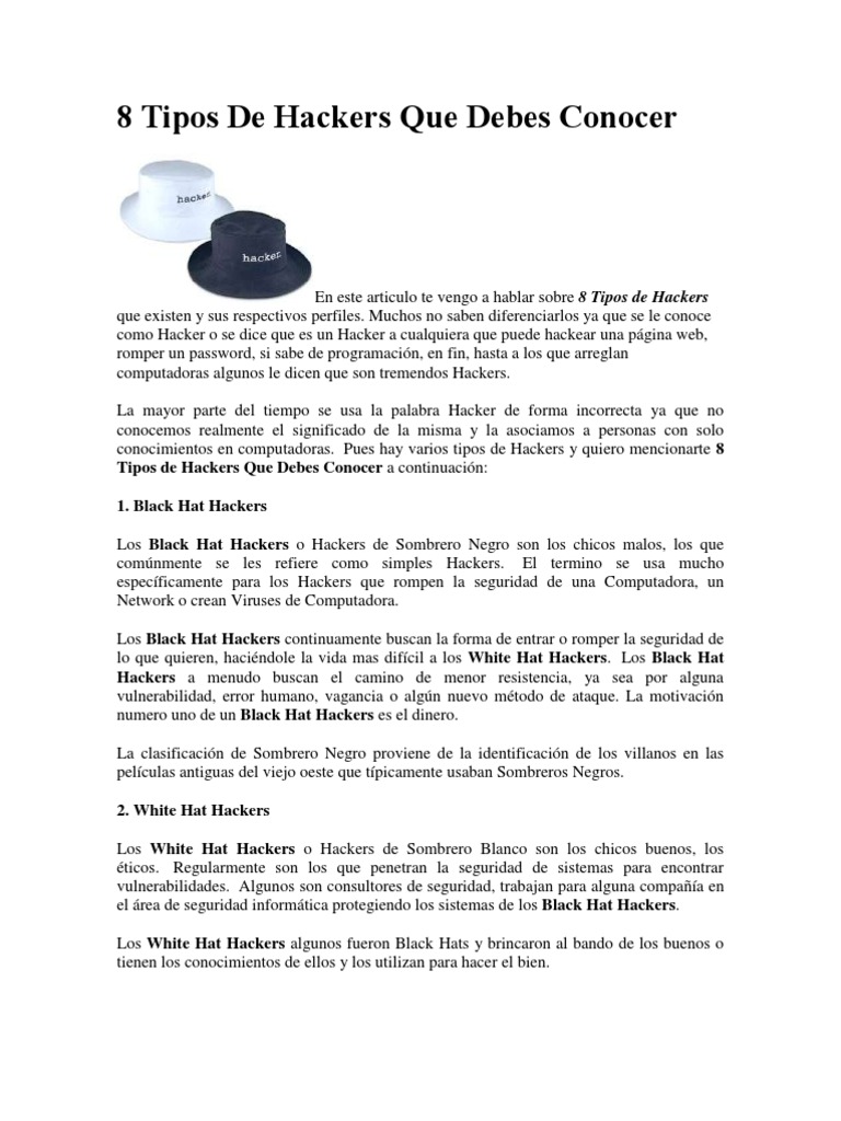 8 Tipos de Hackers Que Debes Conocer | PDF | Hacker de seguridad ...