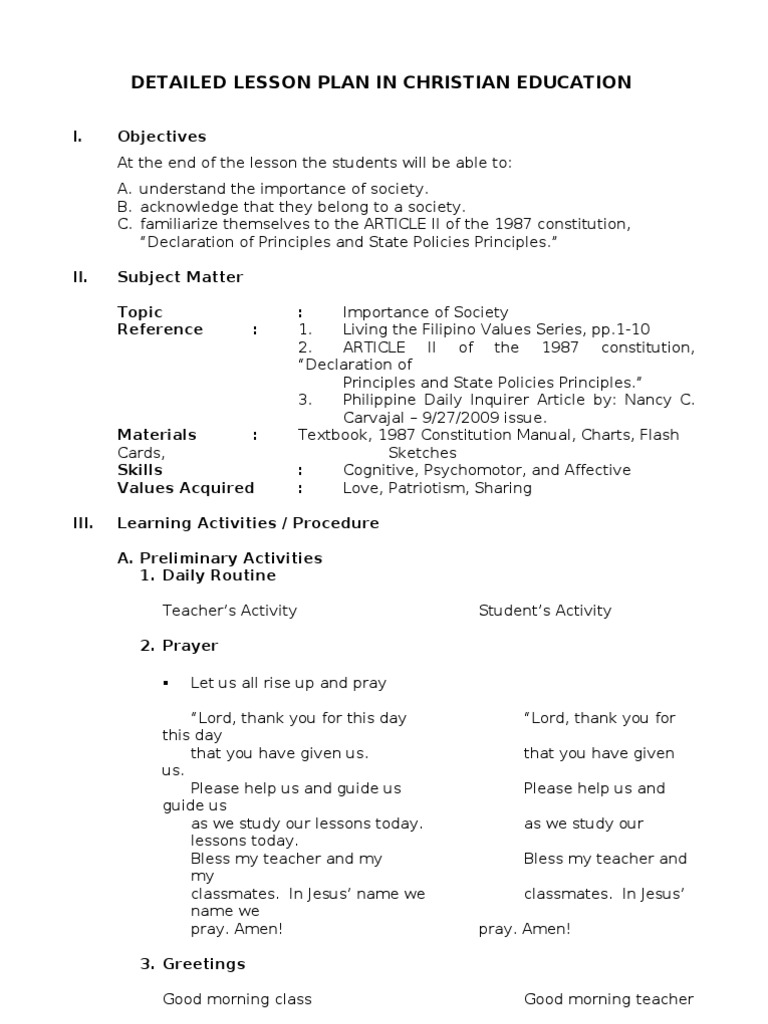 Detailed Lesson Plan in Christian Education: I. Objectives | PDF
