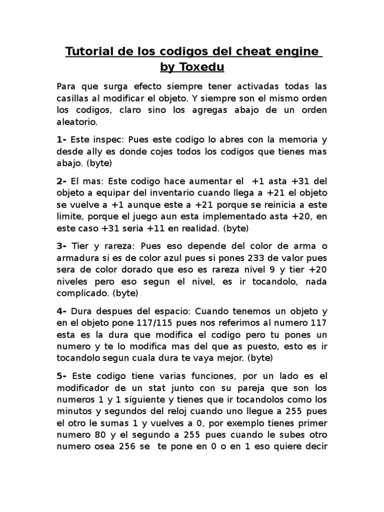 Tutorial General Cheat Engine Codigos Toxedu | PDF | Ocio | Informática ...