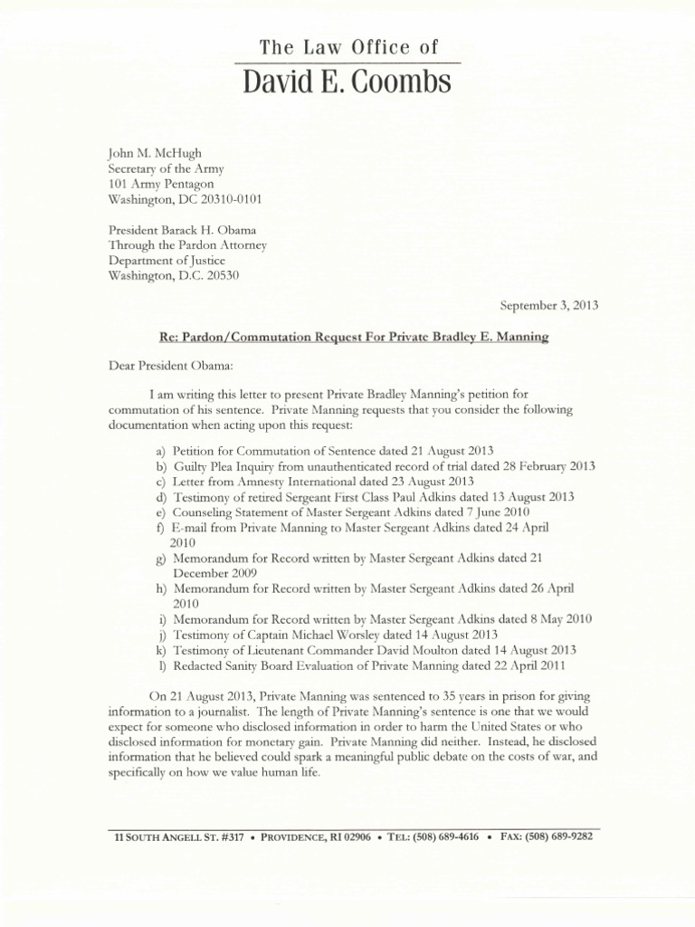 Private Manning Pardon Request Cover Letter | Chelsea Manning | Pardon