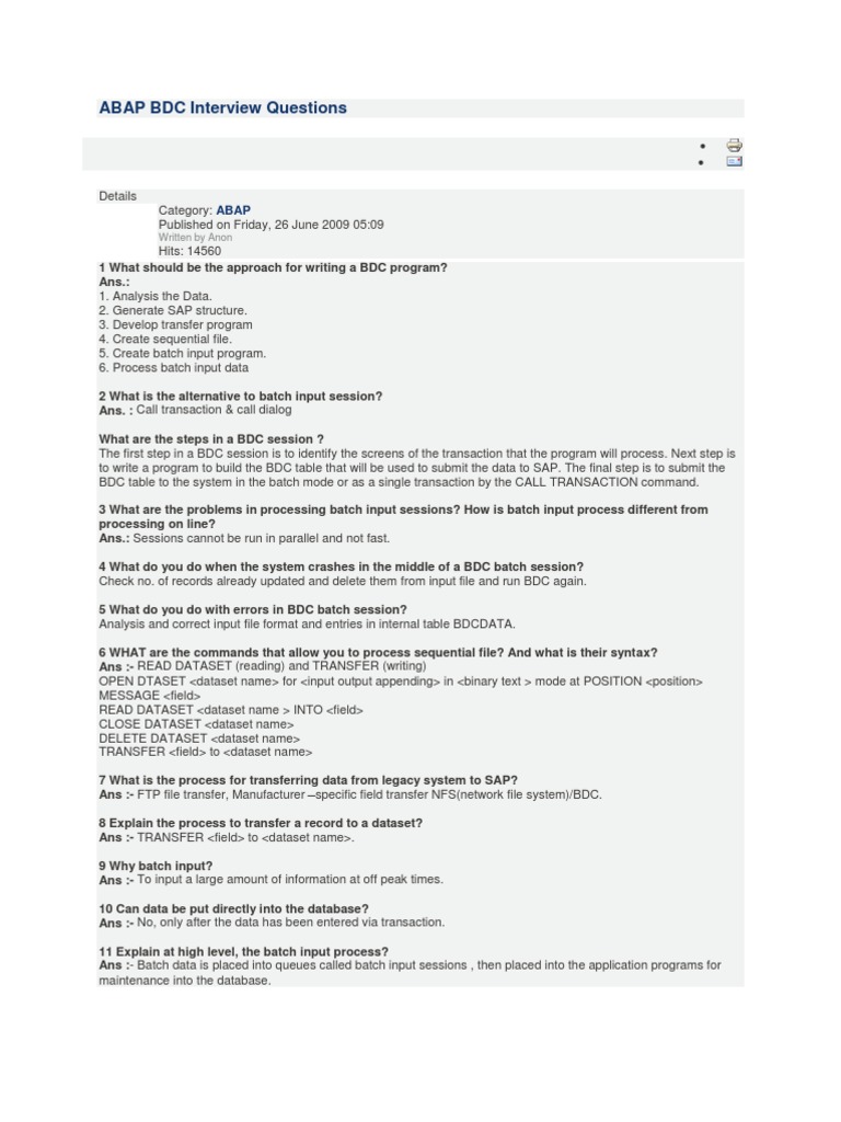 ABAP BDC Interview Questions: Written by Anon | PDF | Database Transaction | Databases