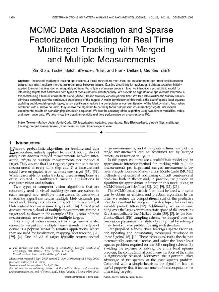 MCMC Data Association and Sparse Factorization Updating For Real Time Multitarget Tracking With ...