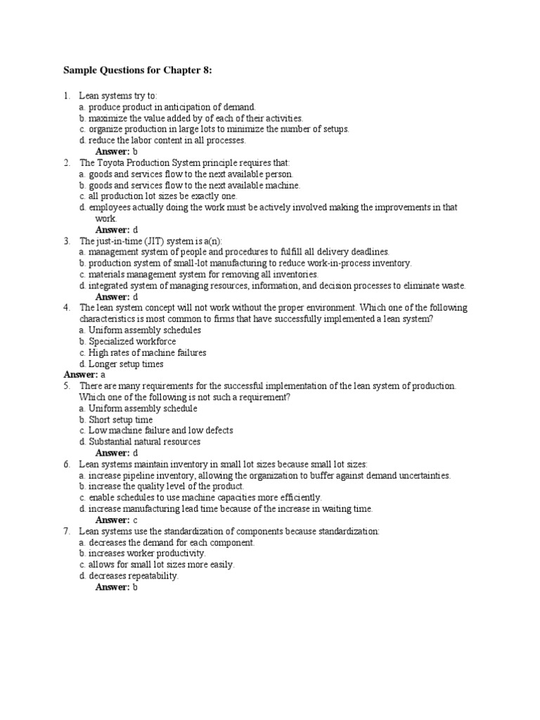 Sample Questions For Chapter 8:: Answer: B | PDF | Lean Manufacturing ...