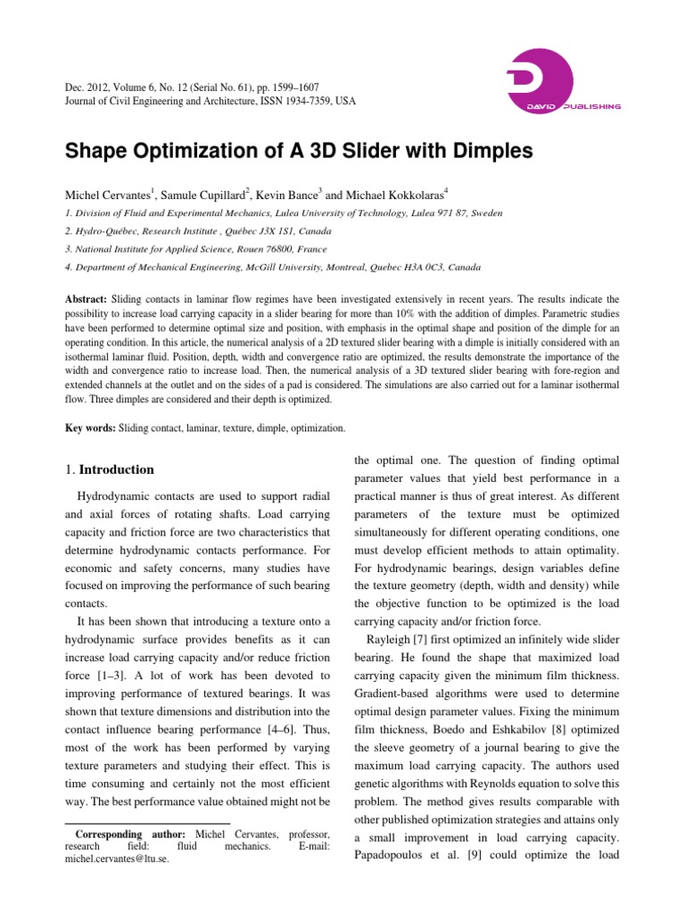 Shape Optimization of A 3D Slider With Dimples | PDF | Computational ...