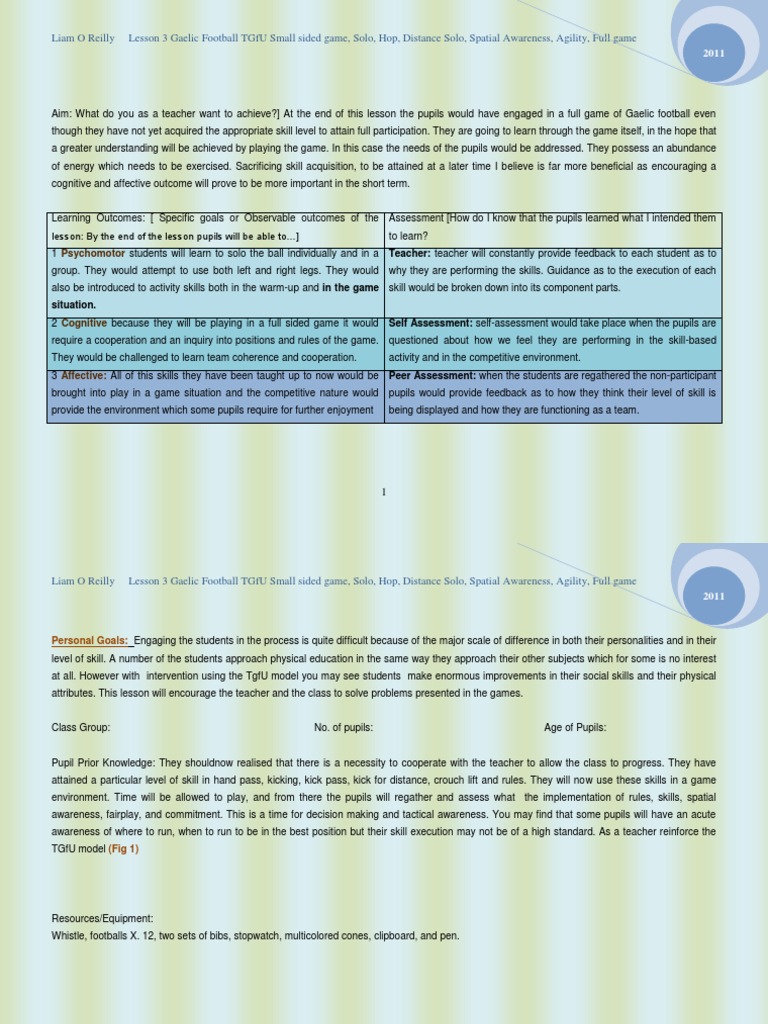 Pe Lesson Plan 3 Tgfu Gaelic Football | PDF | Physical Education ...