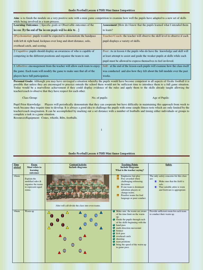 Pe Lesson Plan 5 & 6 Tgfu Gaelic Football | PDF | Educational ...