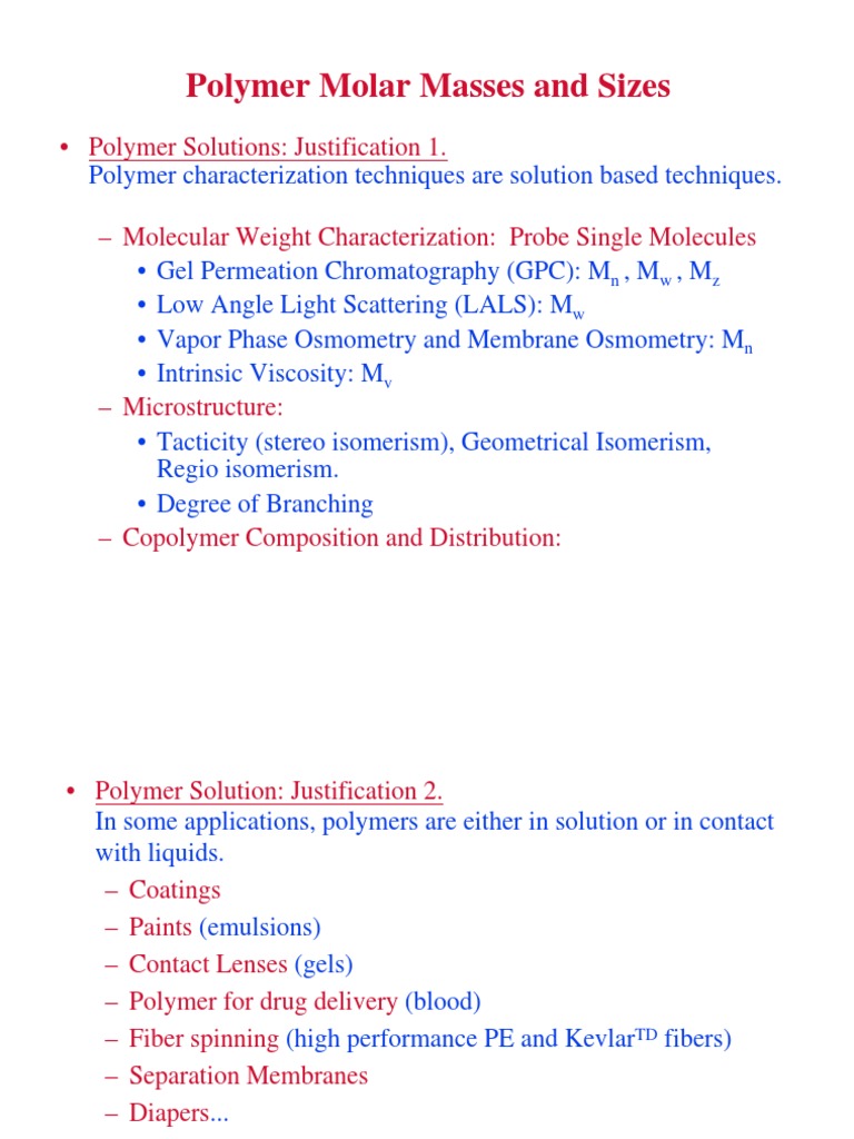 Polymer Molar Masses and Sizes | PDF | Polymers | Solution