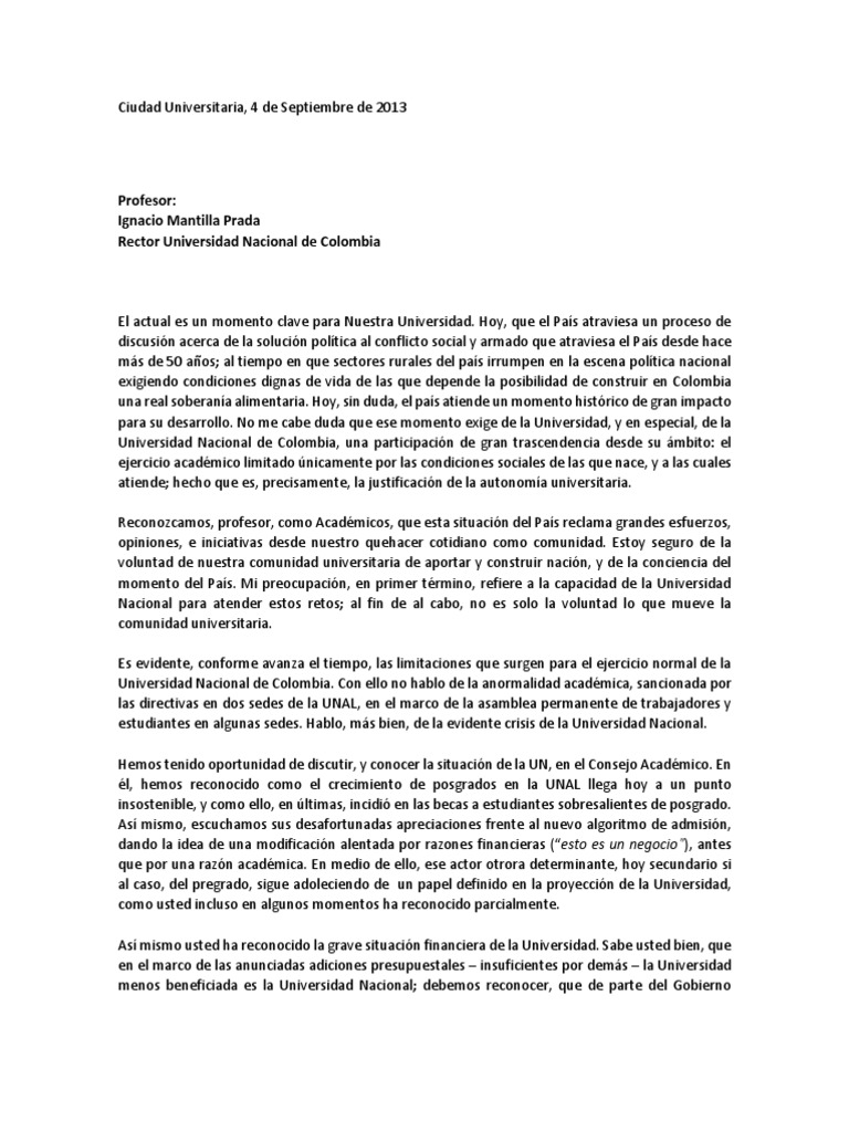 Carta Abierta Al Rector de La Universidad Nacional de Colombia ...