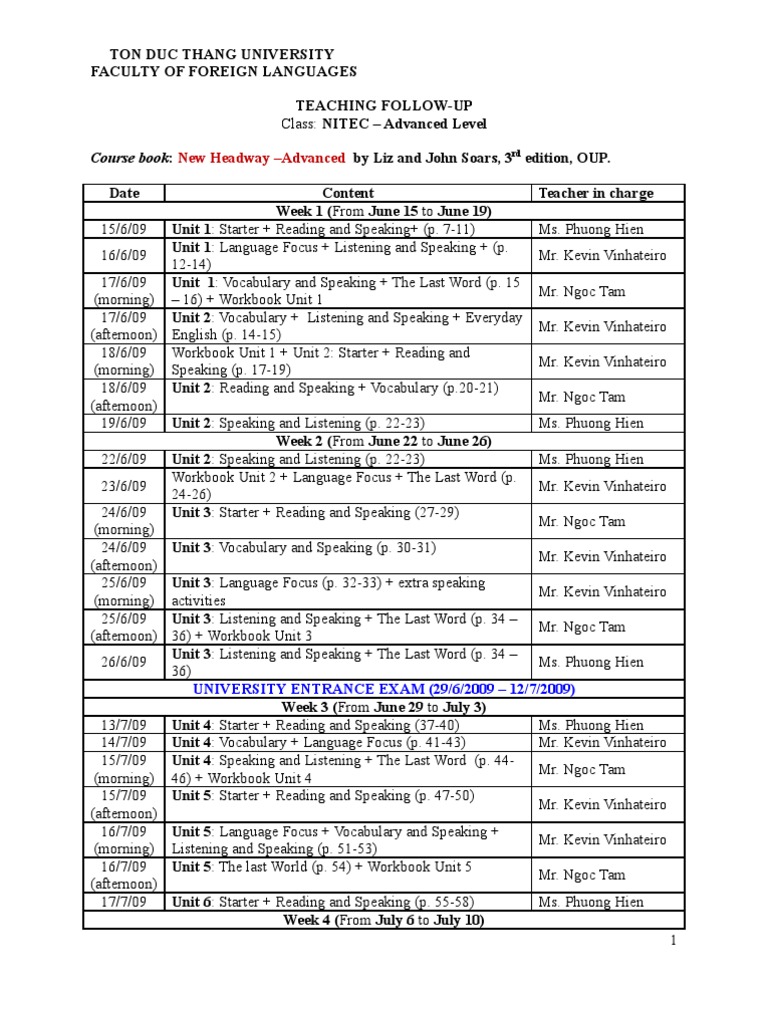 Advanced English Course Schedule | PDF