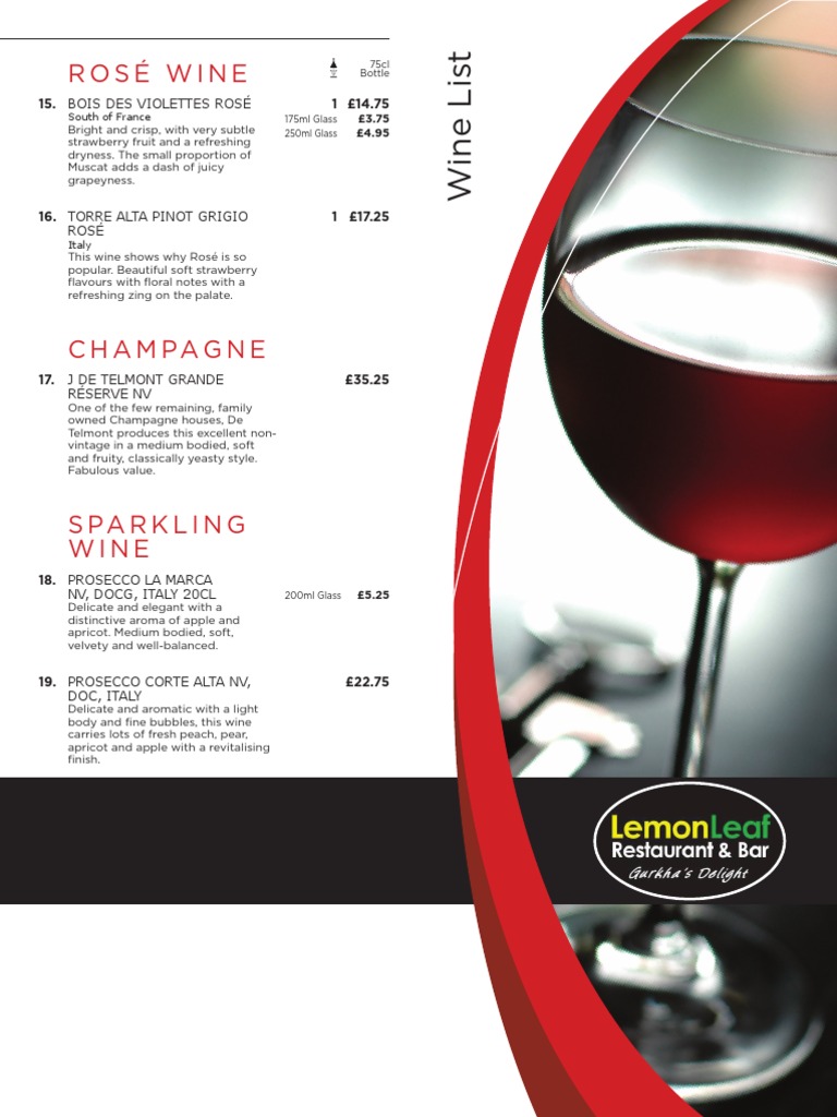 Wine Menu of Lemon Leaf Restaurant & Bar "Gurkha's Delight" | PDF