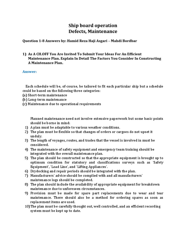 Ship Board Operation Defects, Maintenance: Question 1-8 Answers By ...