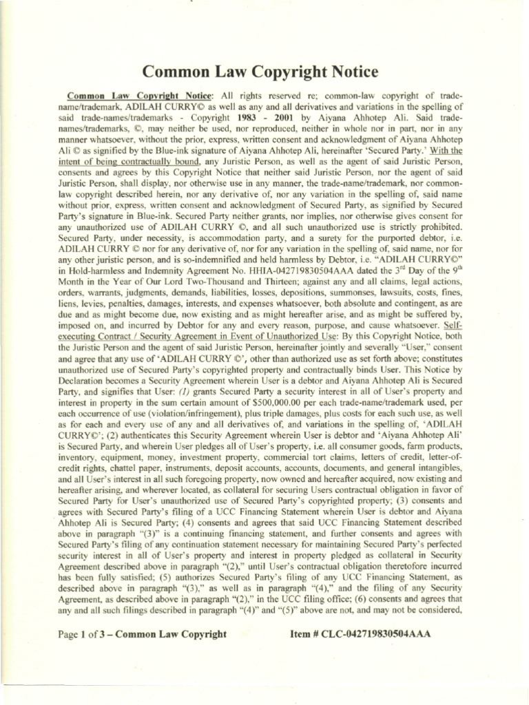 Common Law Copyright Notice | PDF | Security Interest | Uniform ...