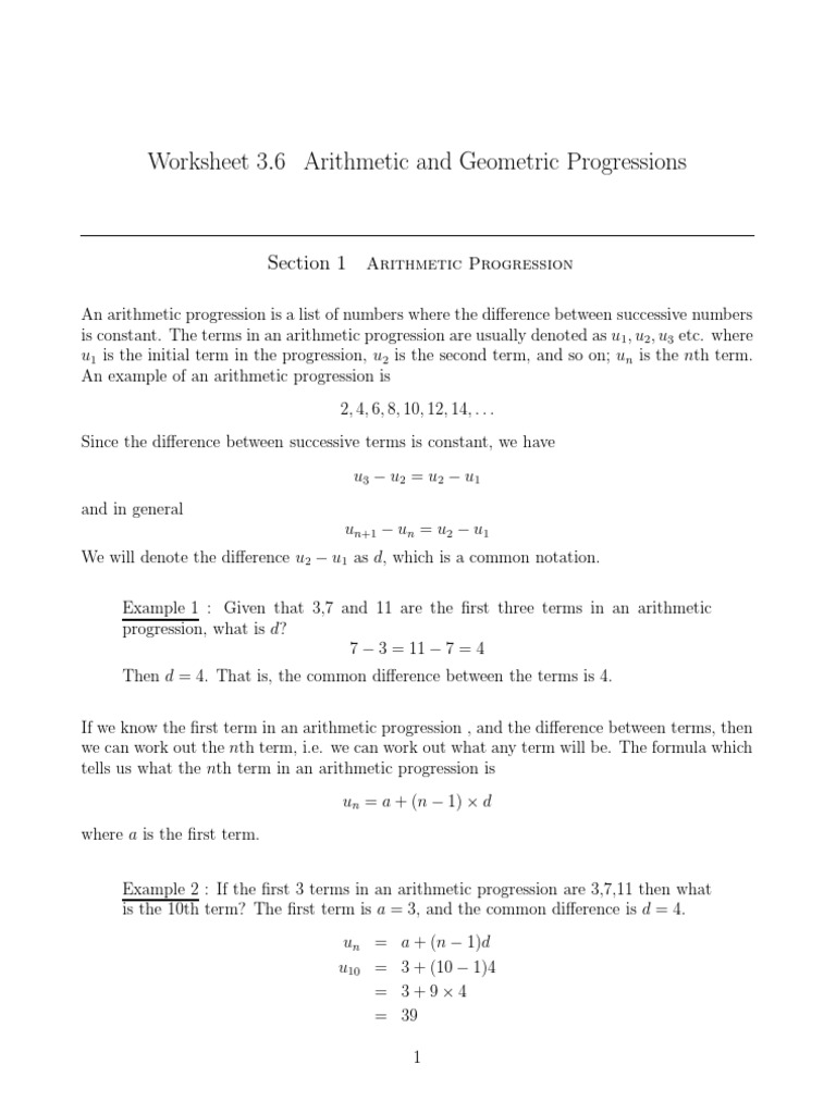 Arithmetic and Geometric Progressions Worksheet | PDF