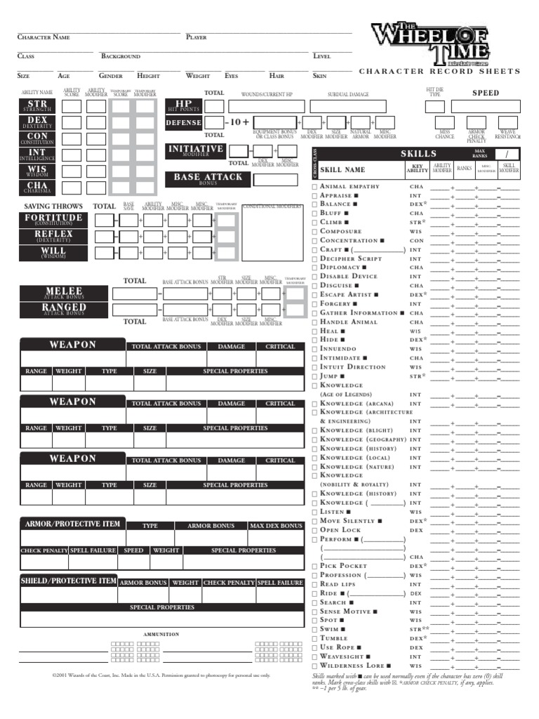 Wheel of Time Official Character Sheet PDF | Leisure Activities | Role ...