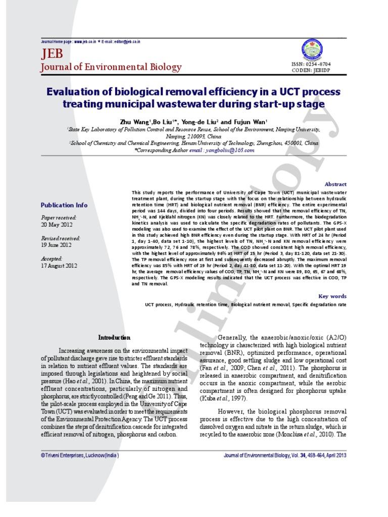 Evaluation of Biological Removal Efficiency in A UCT Process Treating ...