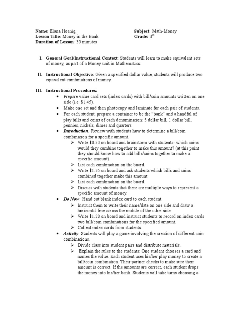 Assessment - Money Lesson Plan | PDF | Coins | Money