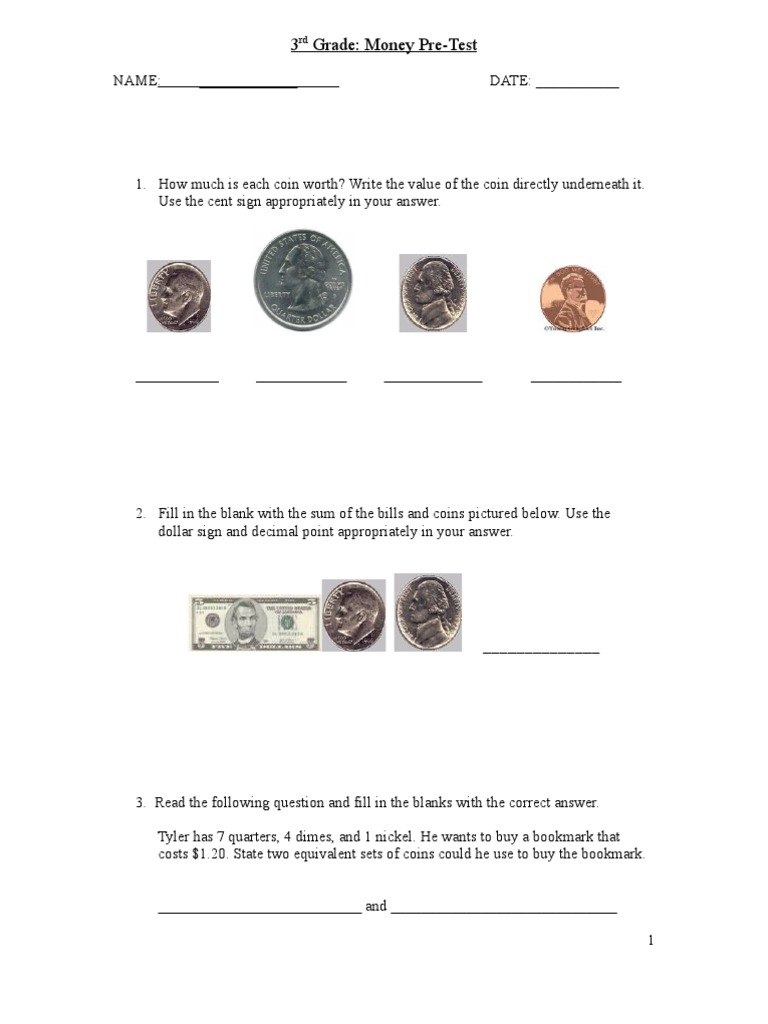 Assessment Pre Test Money Unit | PDF | Coins | Nickel (United States Coin)