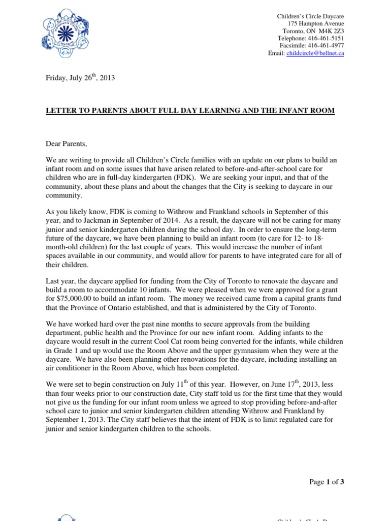 Letter To Parents Update FDL and Infant Room PDF | PDF | Child Care ...