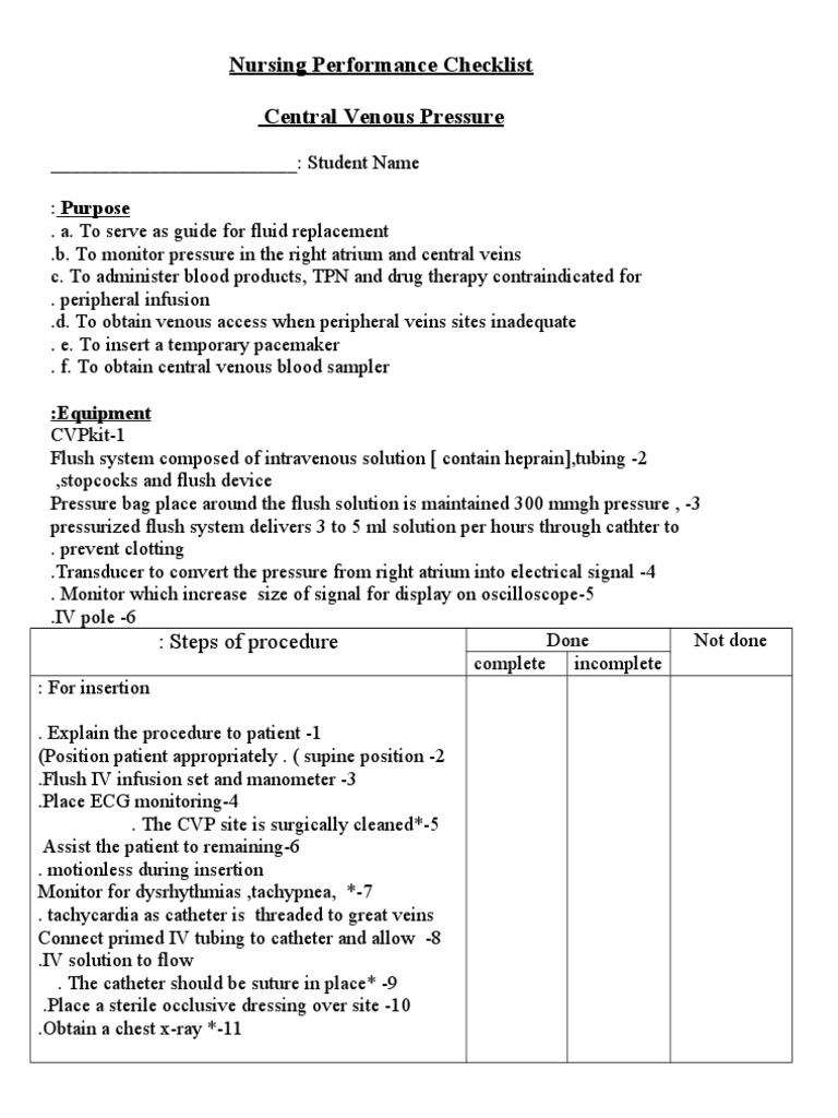 CVP - Nursing Performance Checklist | PDF | Intravenous Therapy | Medicine