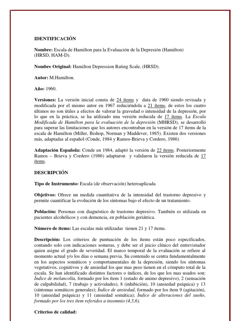 Descripción Escala (HAM-D) | PDF | Depresión (estado de ánimo) | Ansiedad