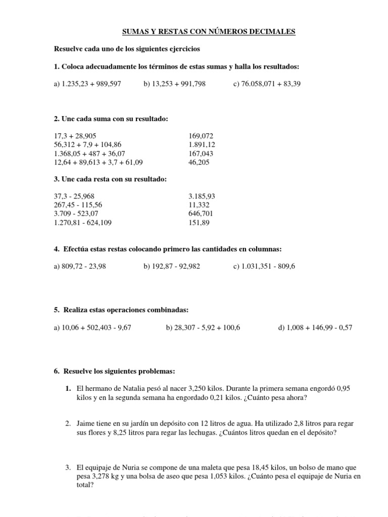 Sumas y Restas Con Números Decimales | PDF