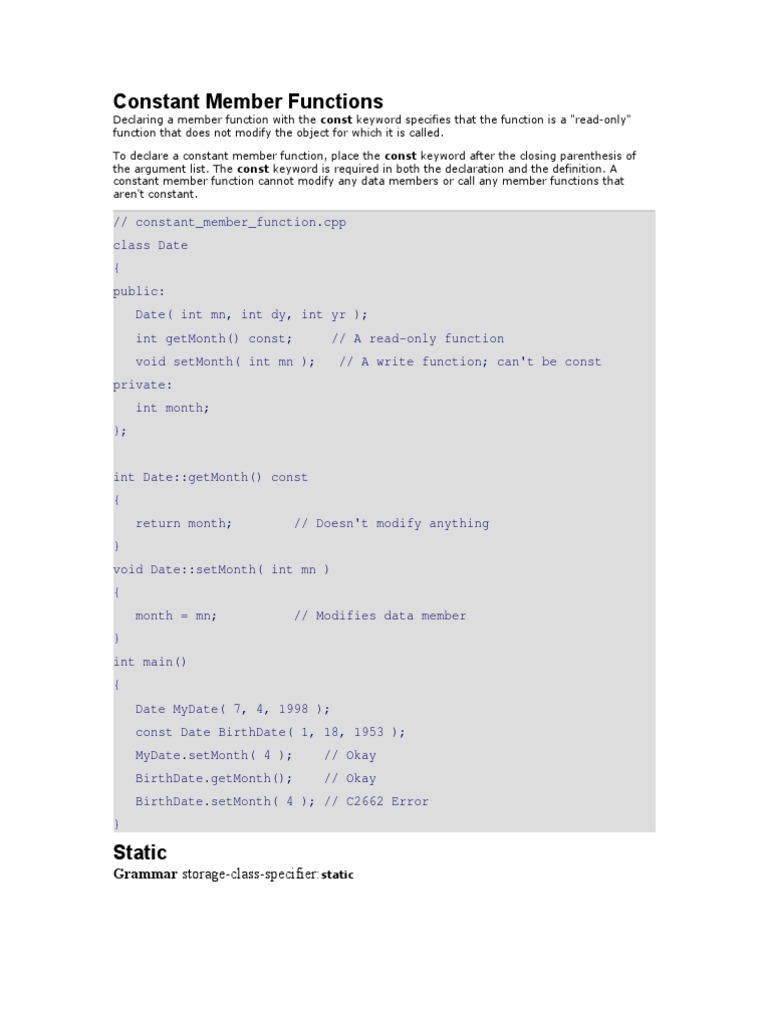 Diff Between Static and Constant Function in C++ | PDF | Subroutine | Scope (Computer Science)