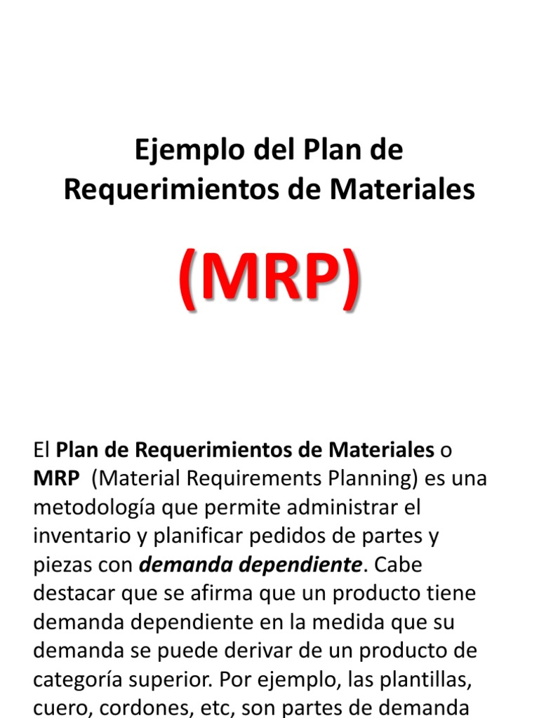 Ejemplo Del Plan de Requerimientos de Materiales | Inventario | Producto (Negocio)