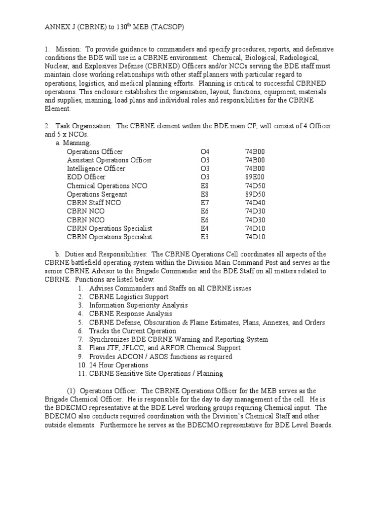 Annex J Cbrne To 130th Meb Tacsop 0809.5100605 | PDF | Cbrn Defense ...