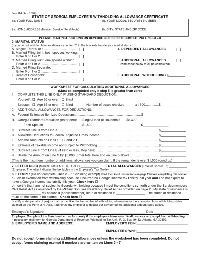 Georgia Employee Withholding Form G-4 | PDF | Withholding Tax ...