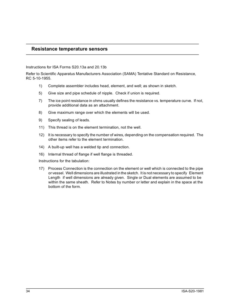 ISA Standards Specification for Resistance Temperature Sensors ISA-20-1981