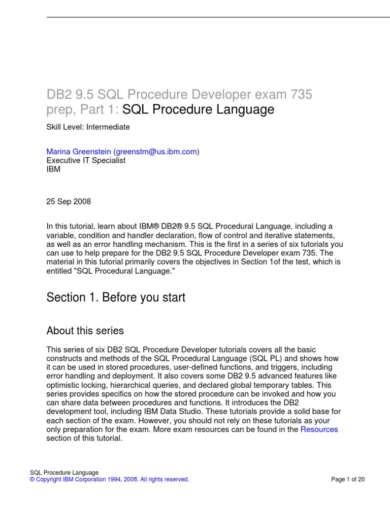 DB2 9.5 SQL Procedure Developer Exam 735 Prep, Part 1 | PDF | Sql | Subroutine
