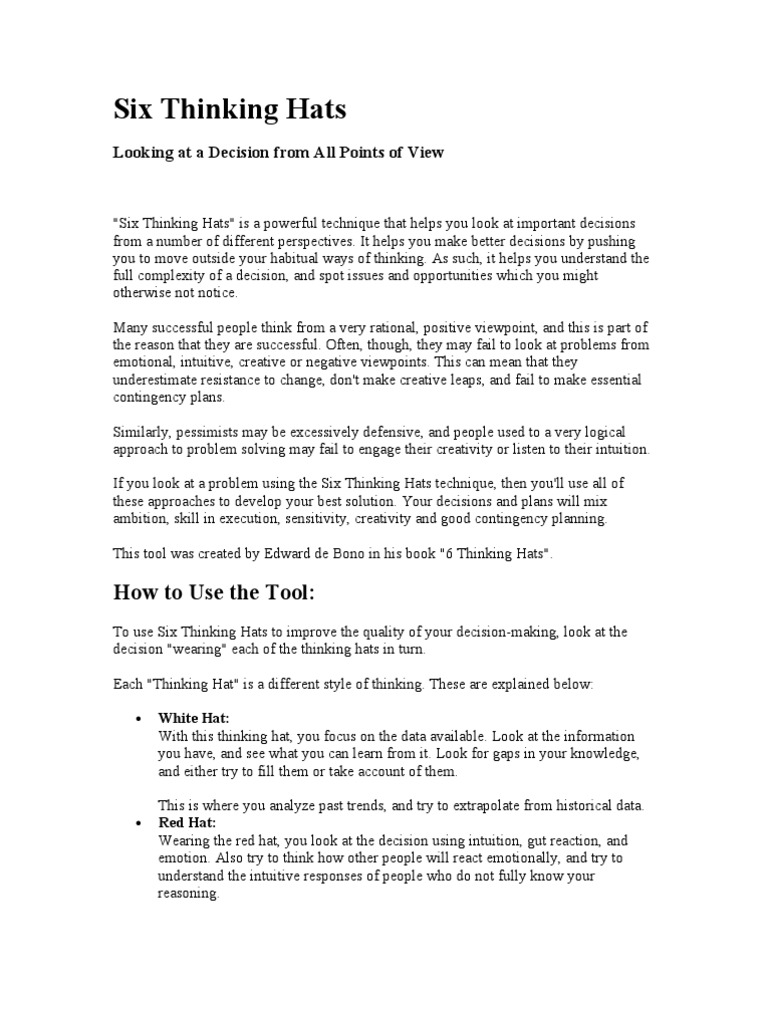 Six Thinking Hats | PDF | Psychological Concepts | Cognition