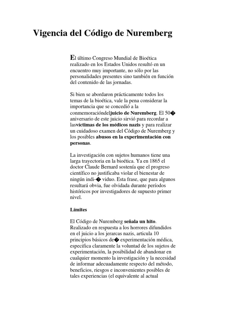 Vigencia del Código de Nuremberg | Ensayo clínico | Autodeterminación