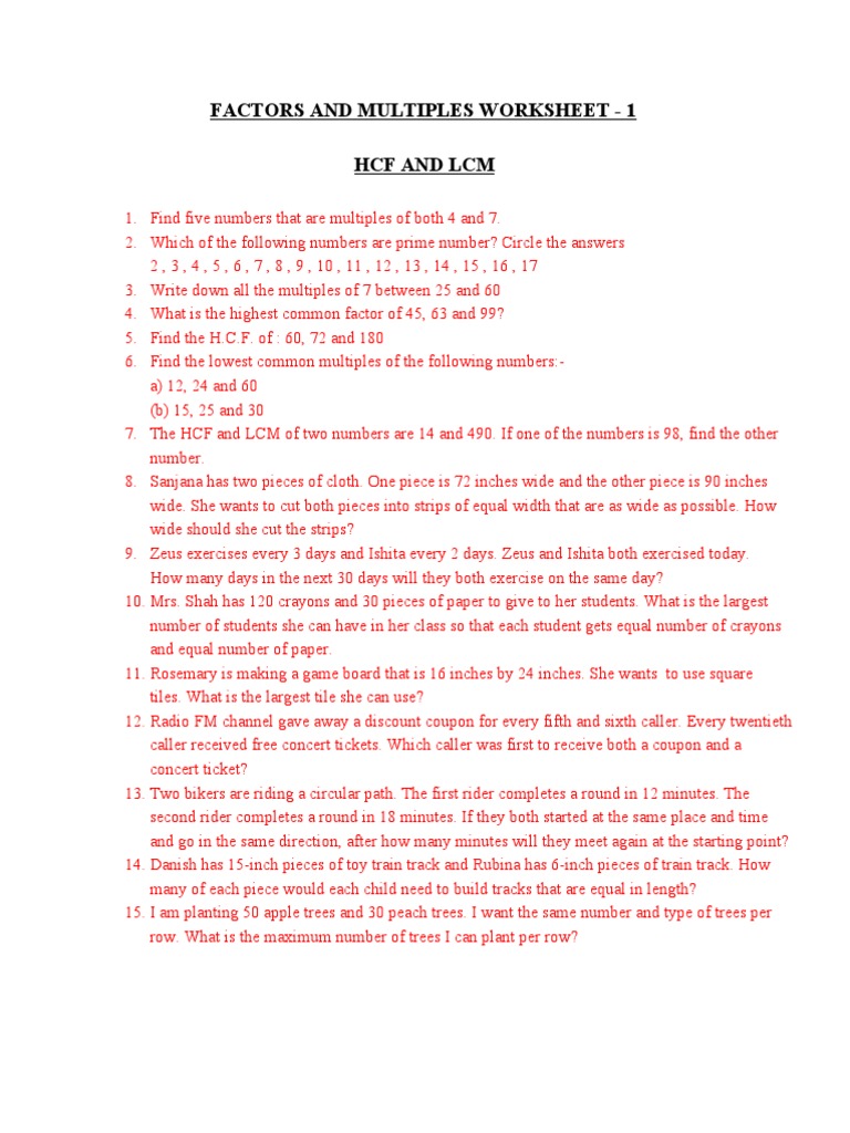 Factors and Multiples Worksheet - 1 | Download Free PDF | Numbers ...
