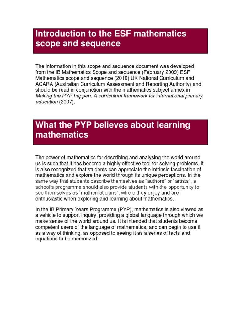 Introduction To The ESF Mathematics Scope and Sequence | PDF | Inquiry | Teaching Mathematics