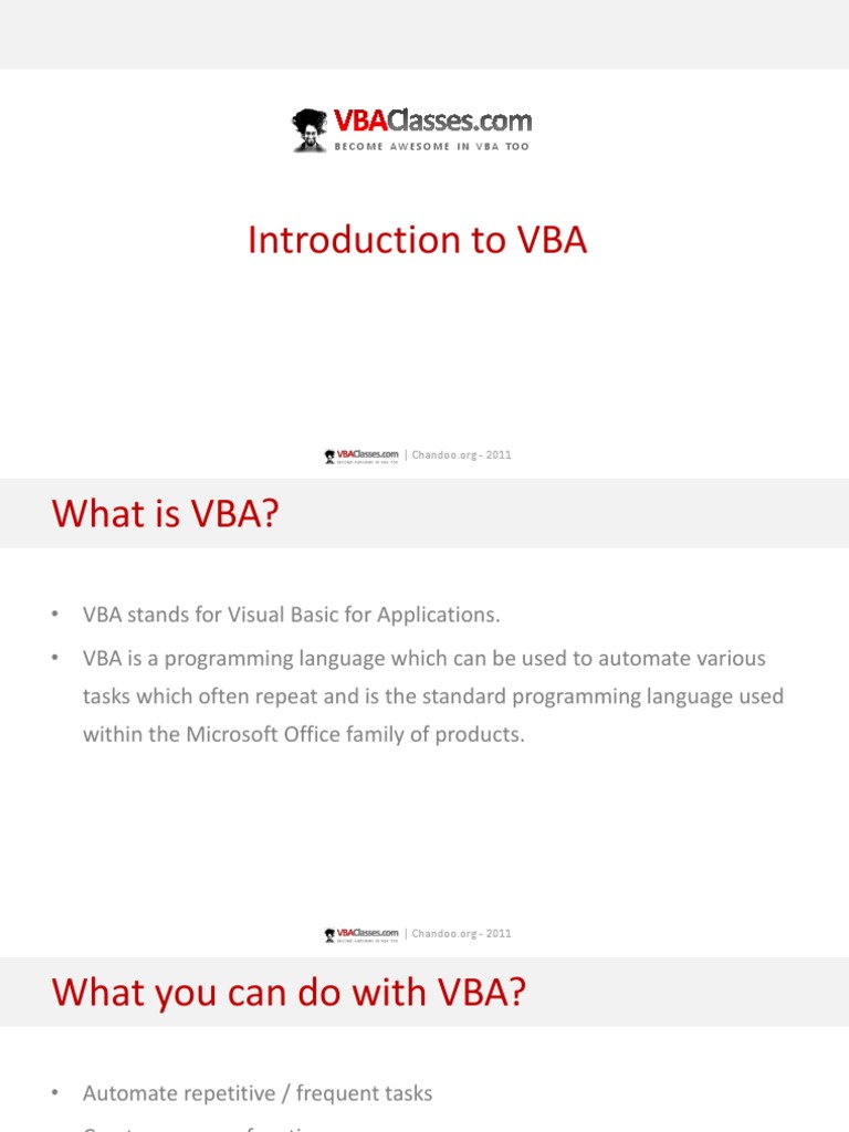 Introduction To Vba Pdf Visual Basic For Applications Subroutine