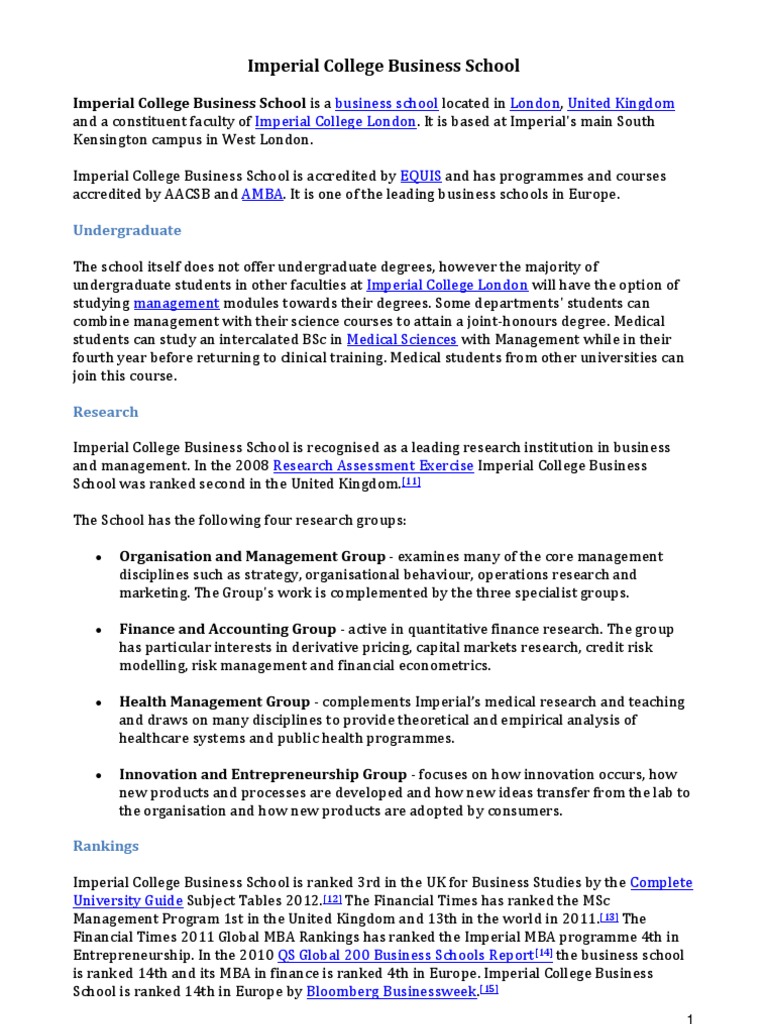Imperial College Business School Overview | PDF | Master Of Business ...