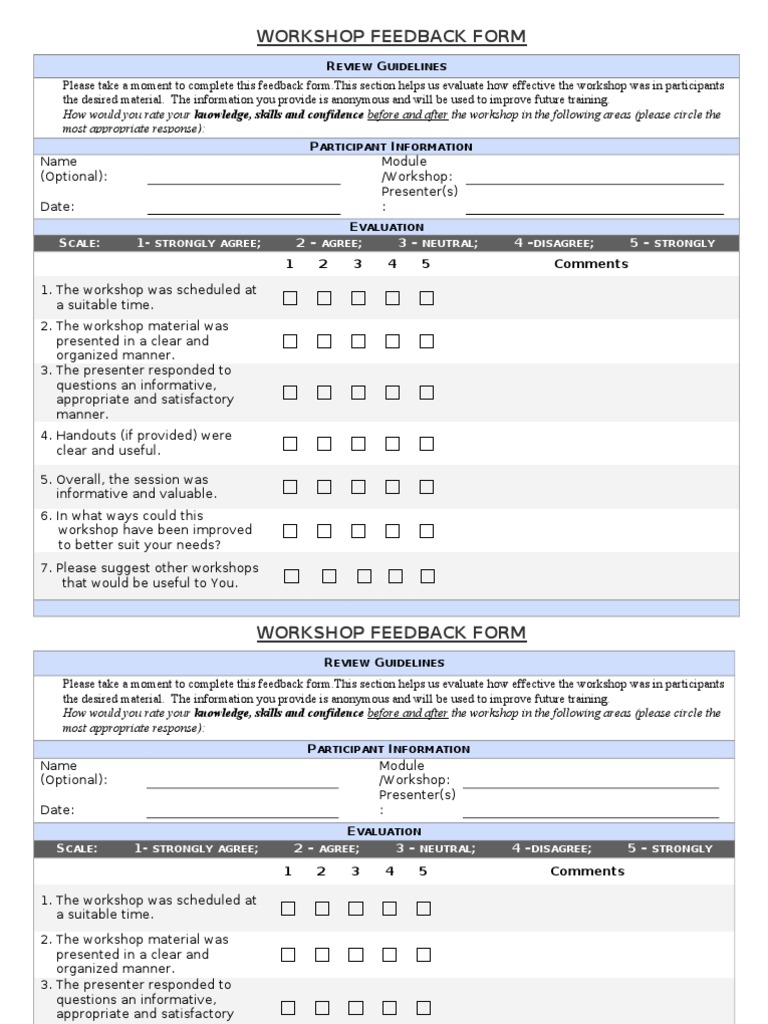 Workshop Feedback Form | PDF | Feedback | Psychology