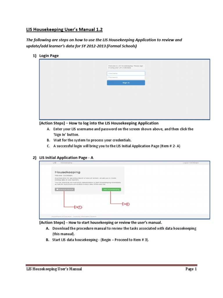 LIS Housekeeping Users Manual (Formal School) Version 1.2 | Download Free PDF | Login | User ...