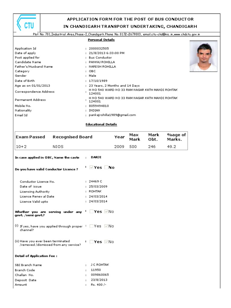 Application Form For The Post of Bus Conductor in Chandigarh Transport ...