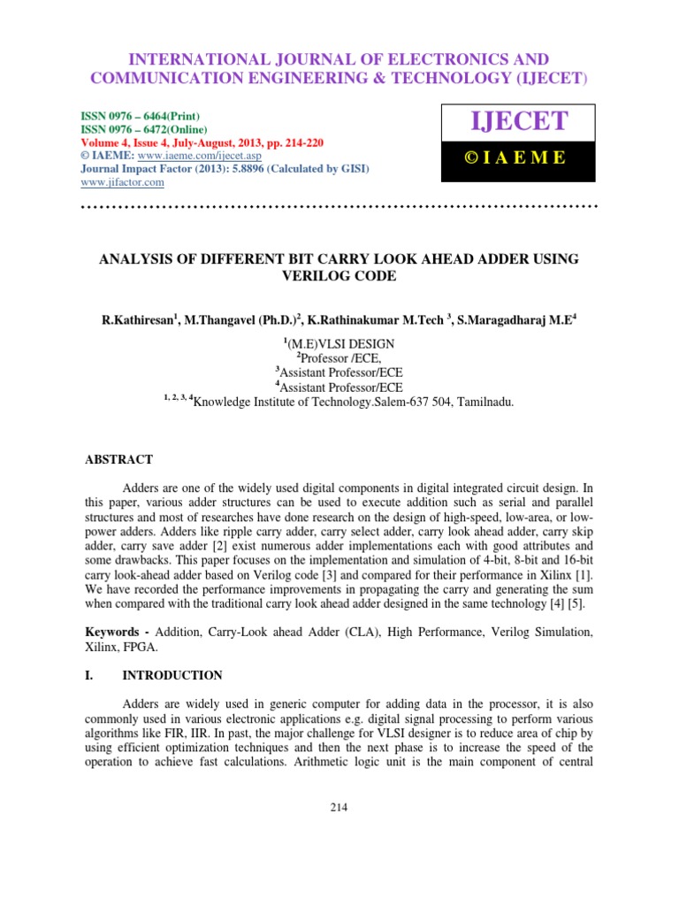 Analysis Of Different Bit Carry Look Ahead Adder Using Verilog Code 2 Pdf Digital Technology 