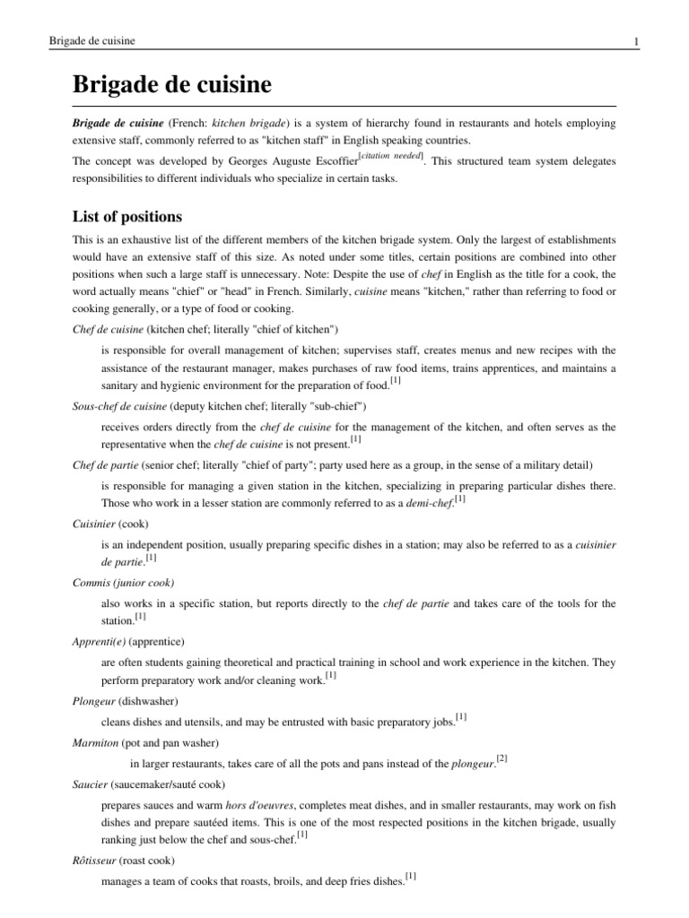 Brigade de Cuisine | PDF | Chef | Culinary Arts