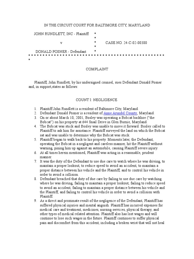 Baltimore Negligence Lawsuit: Rundlett v. Posner | PDF | Negligence ...