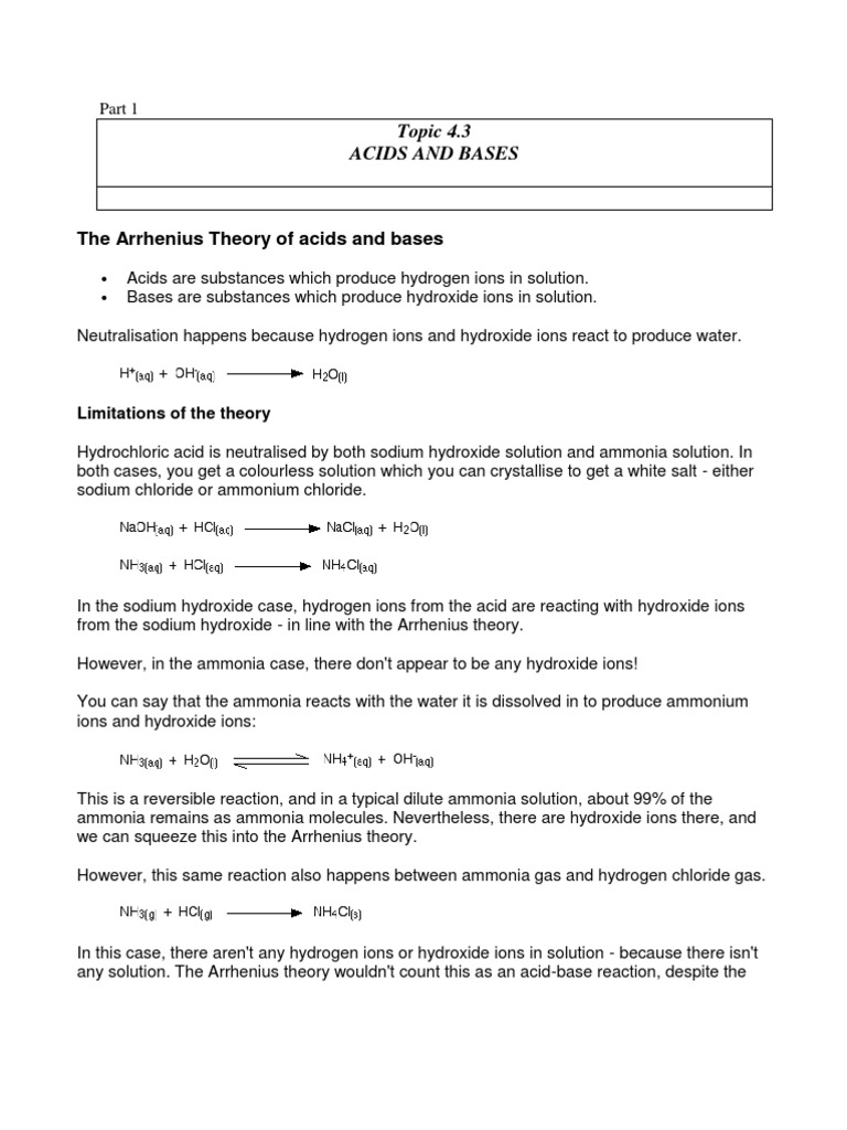 The Arrhenius Theory of Acids and Bases | PDF | Acid | Ph