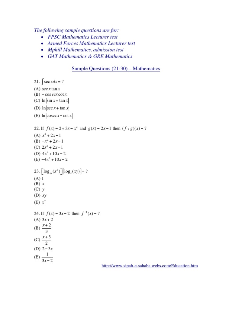 Sample MCQs for Mathematics Tests | PDF