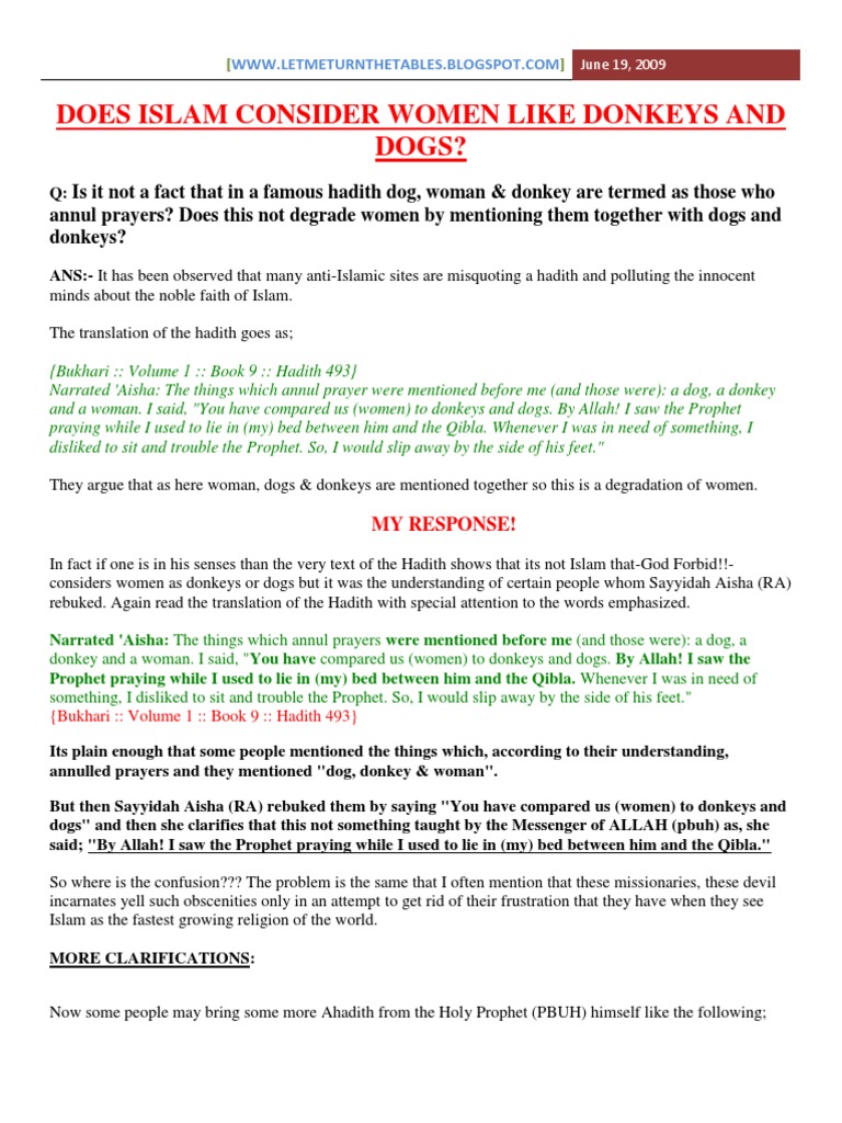 Does Islam Consider Women Like Donkeys and Dogs | PDF | Hadith | Muhammad