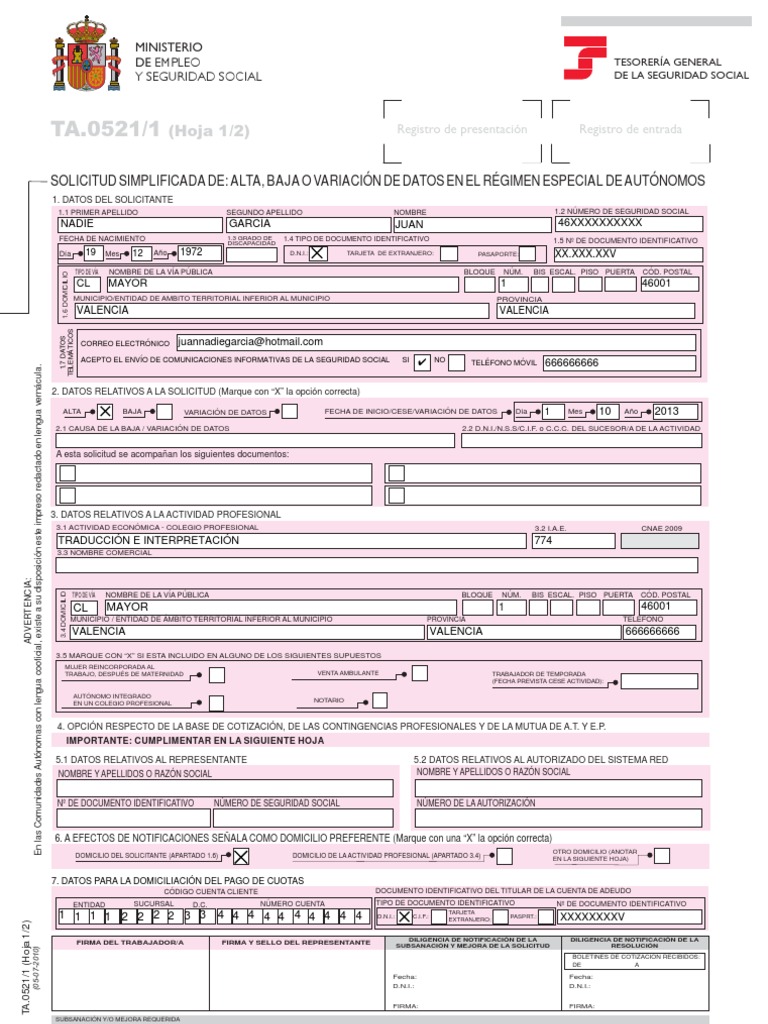 Ejemplo Modelo TA.0521:1 Seguridad Social (alta traductor en régimen ...
