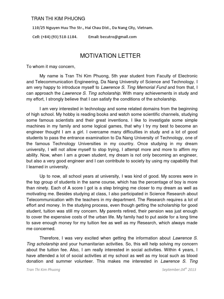 Motivation Letter Fixed | PDF | Tuition Payments | Motivation