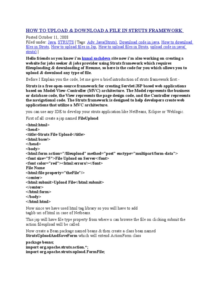 How To Upload File Using Struts | PDF | Java Server Pages | Model–View–Controller