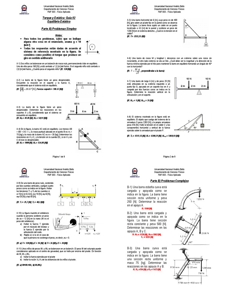 Guía de Problemas de Estática y Torque | PDF | Fricción | Esfuerzo de ...